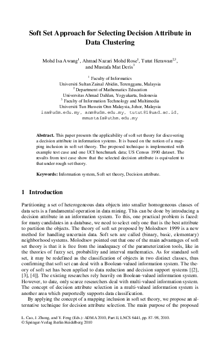 (PDF) Soft Set Approach for Selecting Decision Attribute in Data Clustering