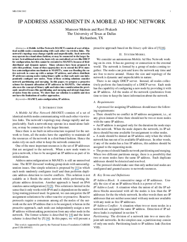 (PDF) IP address assignment in a mobile ad hoc network