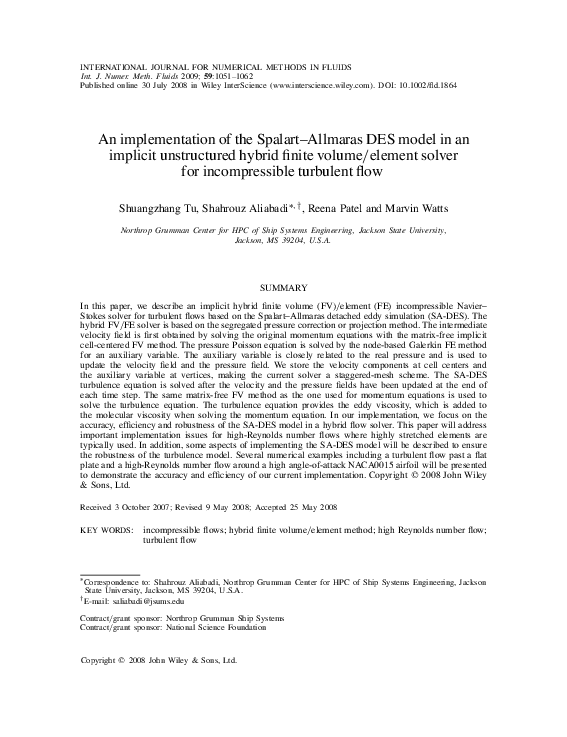 (PDF) An implementation of the Spalart-Allmaras DES model in an implicit unstructured hybrid ...