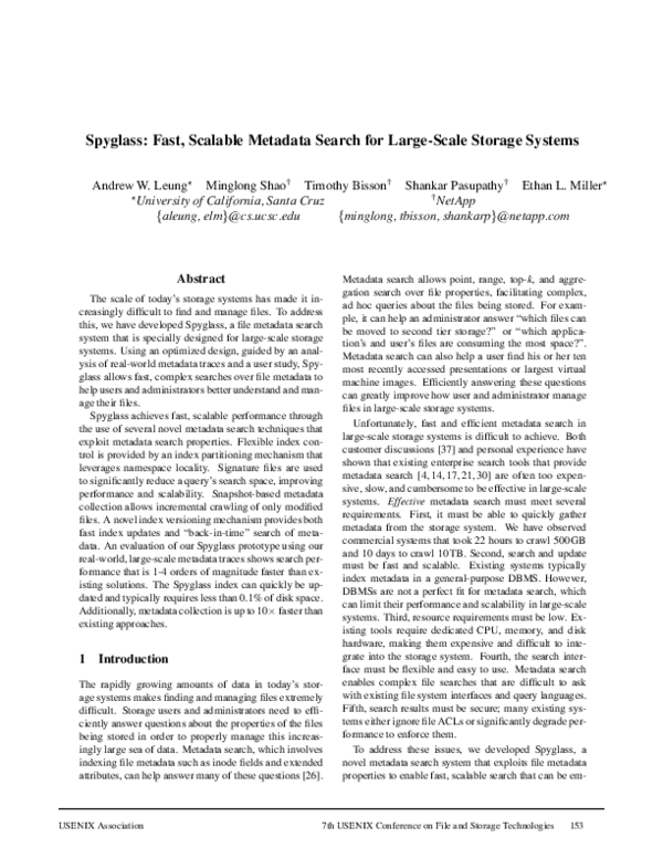 (PDF) Spyglass: fast, scalable metadata search for large-scale storage ...