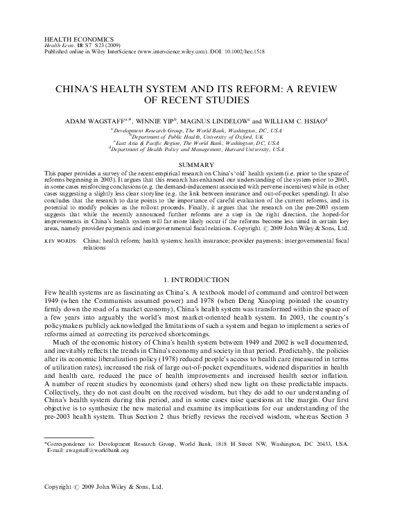 (PDF) China's health system and its reform: a review of recent studies