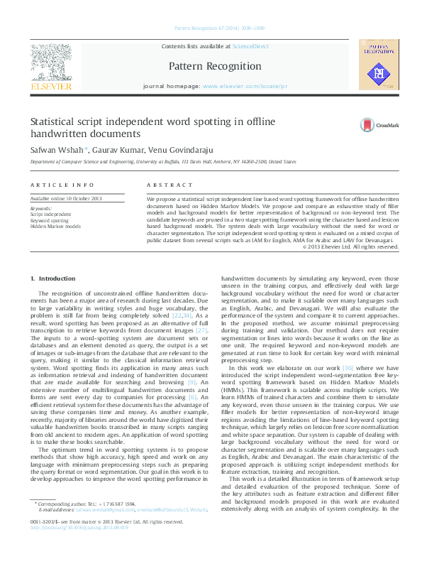 (PDF) Statistical script independent word spotting in offline handwritten documents