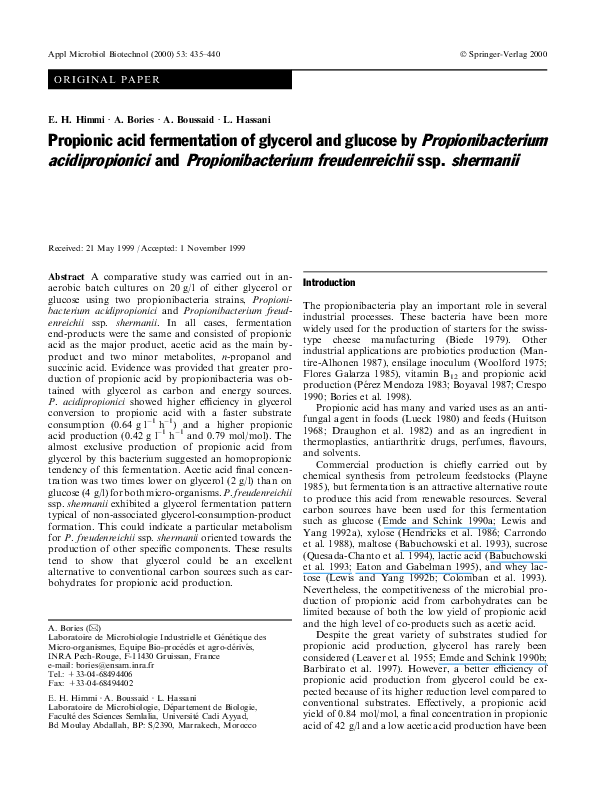 (PDF) Propionic acid fermentation of glycerol and glucose by ...