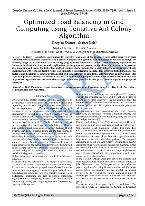 Pdf Optimized Load Balancing In Grid Computing Using Tentative Ant Colony Algorithm