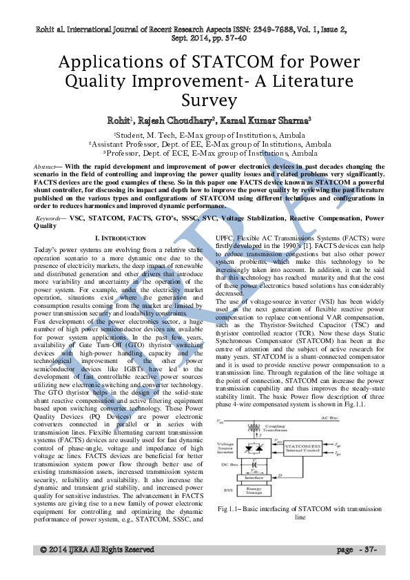 (PDF) Applications of STATCOM for Power Quality Improvement-A Literature Survey
