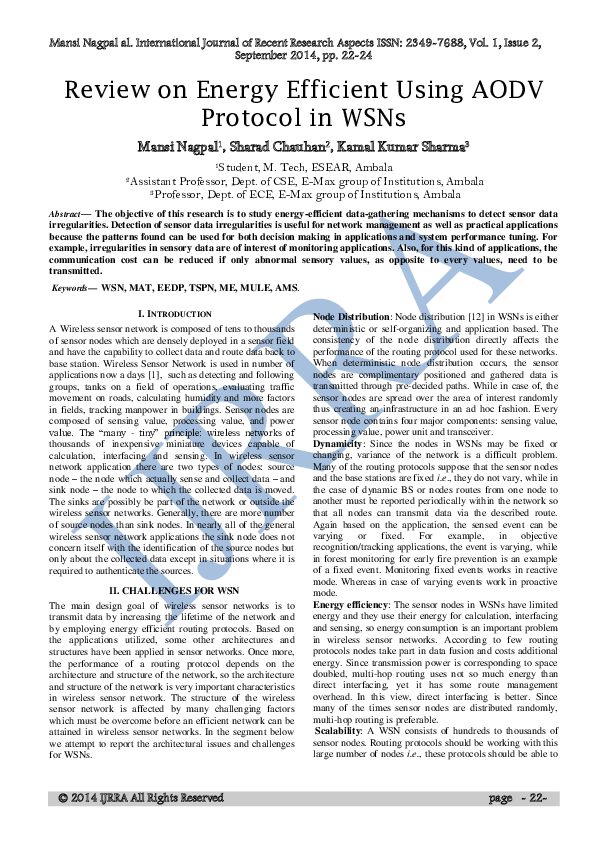 (PDF) Review on Energy Efficient Using AODV Protocol in WSNs