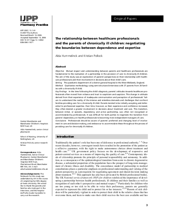 (PDF) The relationship between healthcare professionals and the parents of chronically ill ...