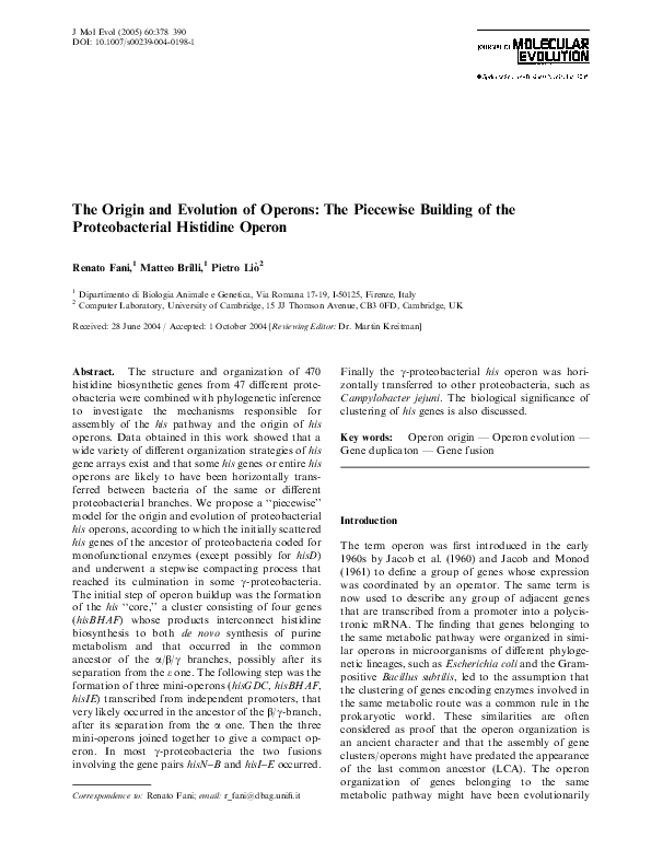 (PDF) The Origin and Evolution of Operons: The Piecewise Building of ...