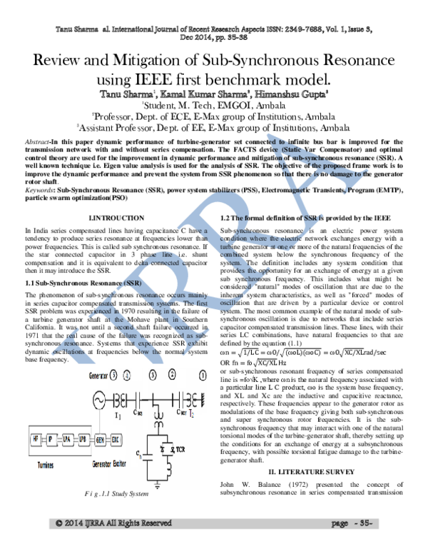 Pdf Review And Mitigation Of Sub Synchronous Resonance Using Ieee First Benchmark Model