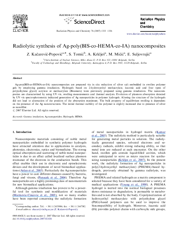 (PDF) Radiolytic synthesis of Ag-poly(BIS-co-HEMA-co-IA) nanocomposites