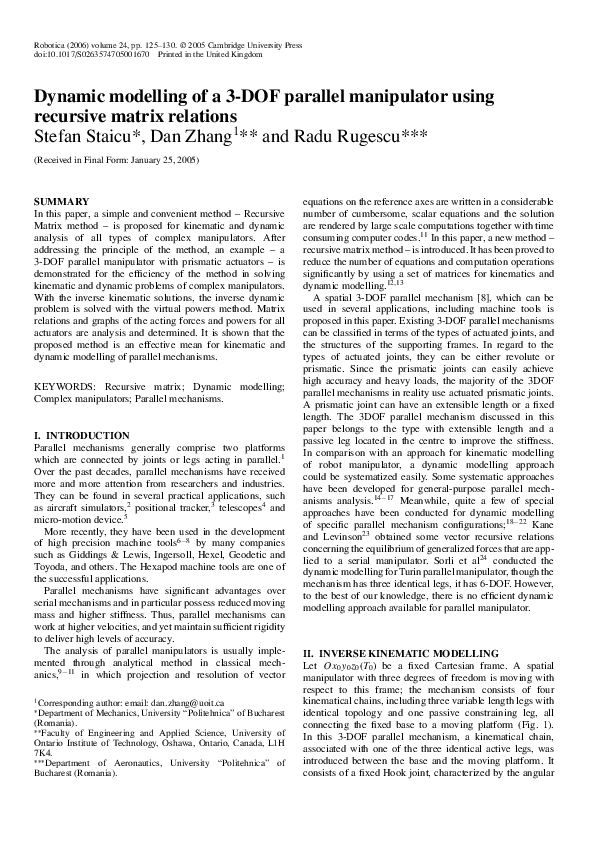 Pdf Dynamic Modelling Of A 3dof Parallel Manipulator Using Recursive Matrix Relations