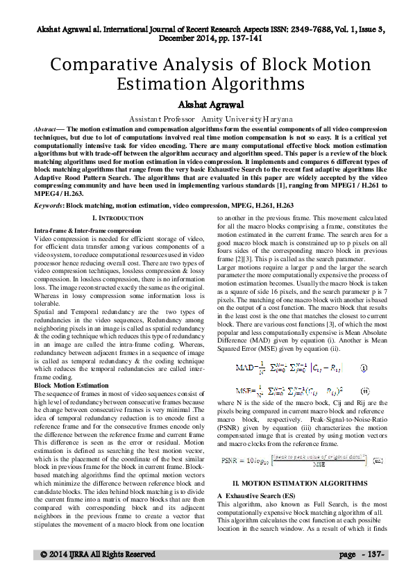 Pdf Comparative Analysis Of Block Motion Estimation Algorithms