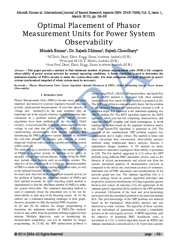 Pdf Optimal Placement Of Phasor Measurement Units For Power System Observability