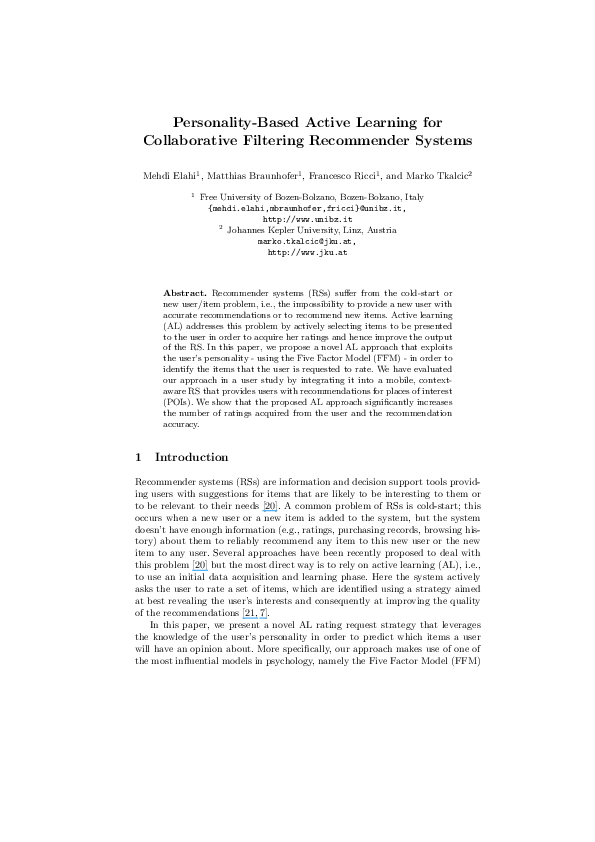 Personality Based Active Learning For Collaborative Filtering