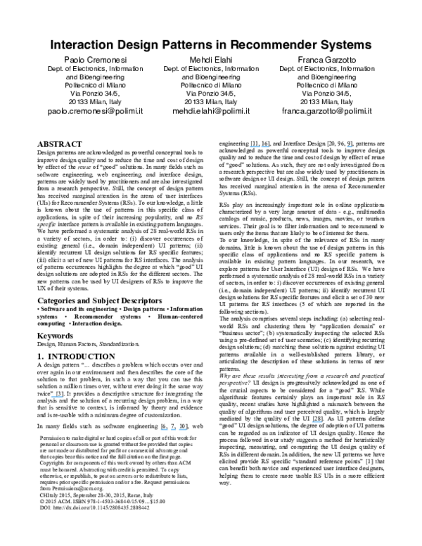 (PDF) Interaction Design Patterns in Recommender Systems