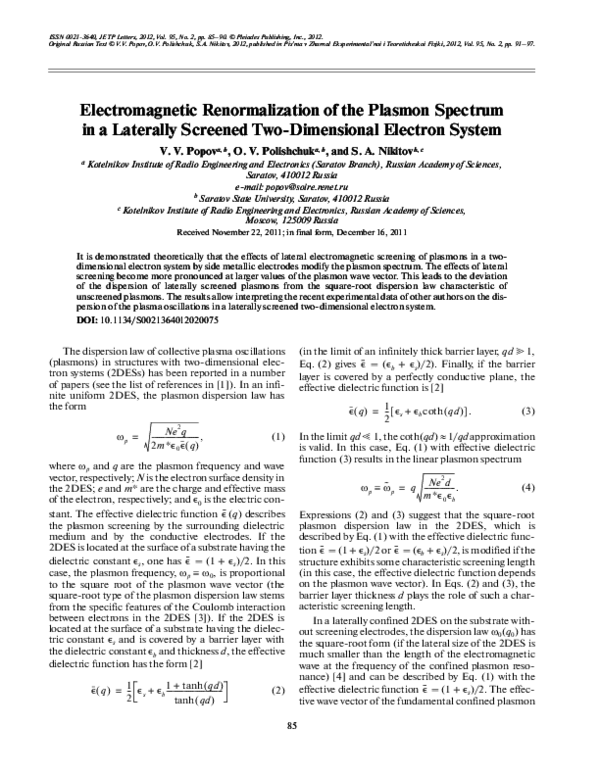 (PDF) Electromagnetic renormalization of the plasmon spectrum in a laterally screened two ...