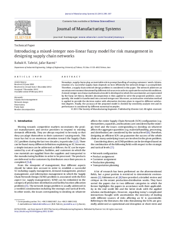 (PDF) Introducing a mixed-integer non-linear fuzzy model for risk management in designing supply ...