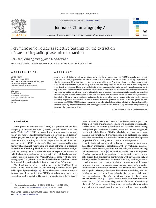 (PDF) Polymeric ionic liquids as selective coatings for the extraction of esters using solid ...