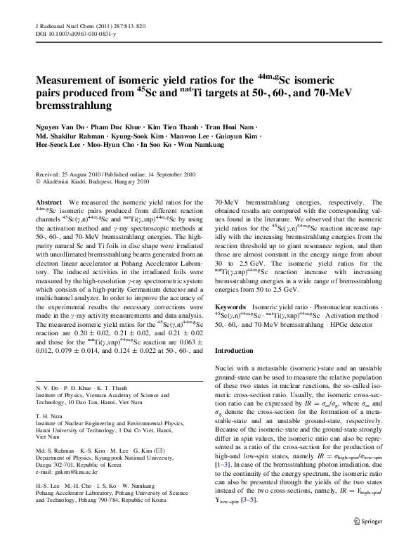 (PDF) Measurement of isomeric yield ratios for the 44m,g Sc isomeric ...