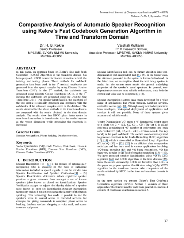 Pdf Comparative Analysis Of Automatic Speaker Recognition Using Kekres Fast Codebook 