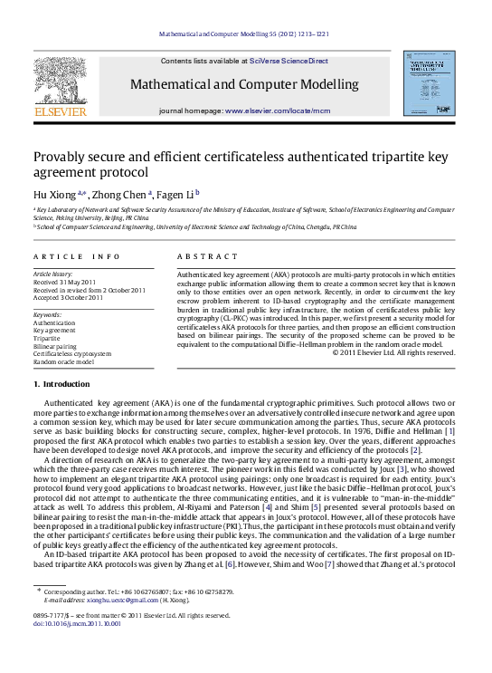 Pdf Provably Secure And Efficient Certificateless Authenticated Tripartite Key Agreement