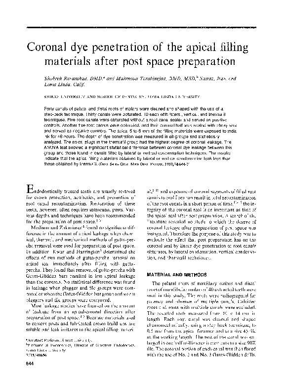 (PDF) Coronal dye penetration of the apical filling materials after ...