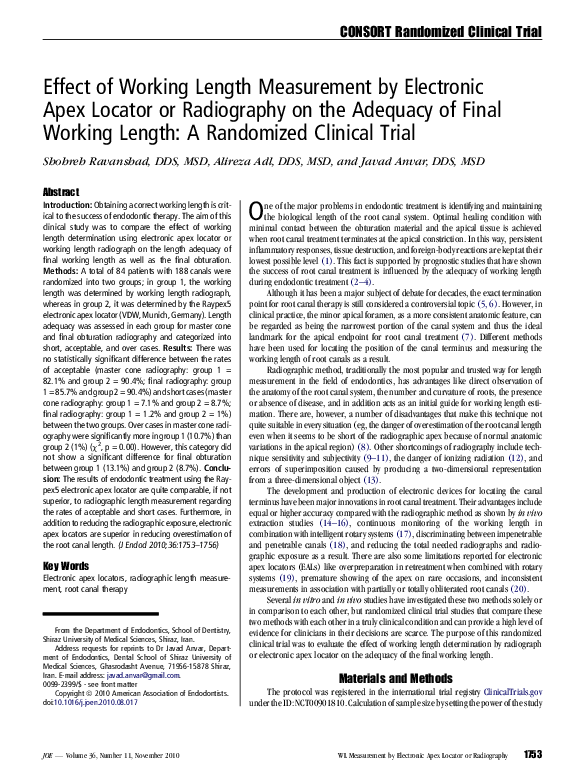 Pdf Effect Of Working Length Measurement By Electronic Apex Locator Or Radiography On The