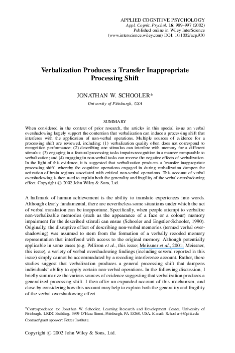 (PDF) Verbalization produces a transfer inappropriate processing shift
