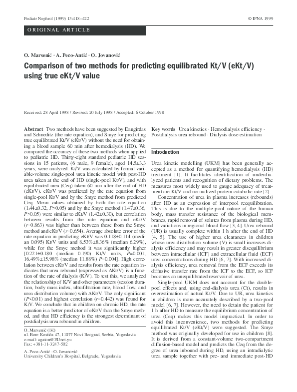 (PDF) Comparison of two methods for predicting equilibrated Kt/V (eKt/V ...