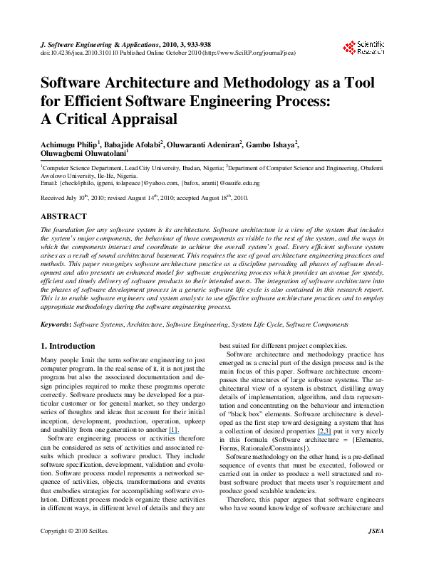 (PDF) Software Architecture and Methodology as a Tool for Efficient Software Engineering Process ...
