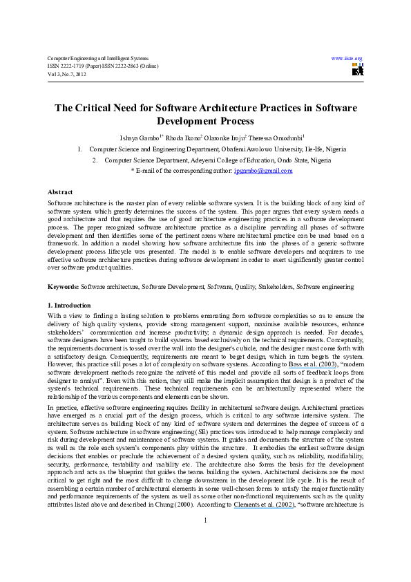 (PDF) The Critical Need for Software Architecture Practices in Software ...