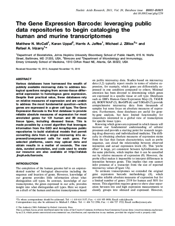 (PDF) The Gene Expression Barcode: leveraging public data repositories to begin cataloging the ...