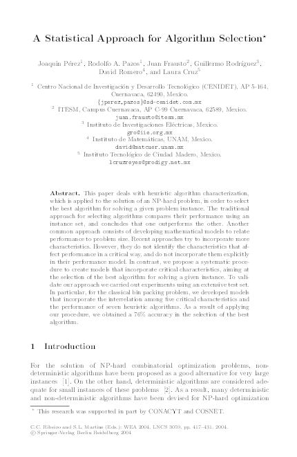 (PDF) A Statistical Approach for Algorithm Selection