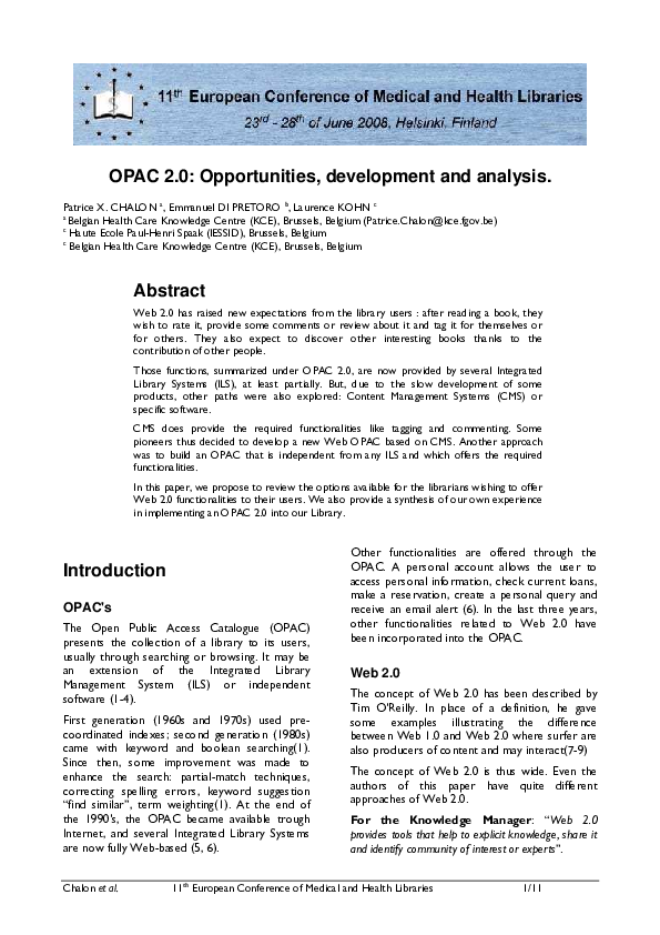 (PDF) OPAC 2.0: Opportunities, development and analysis. Authors