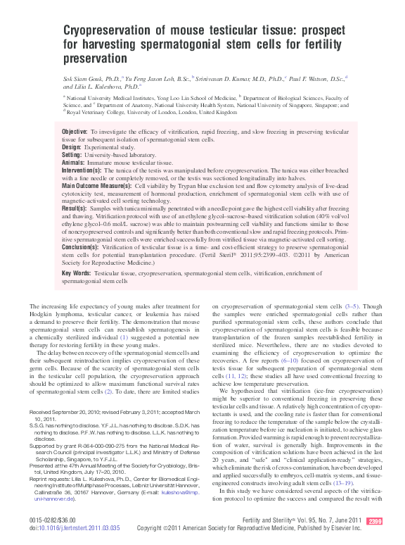 (PDF) Cryopreservation of mouse testicular tissue: prospect for ...