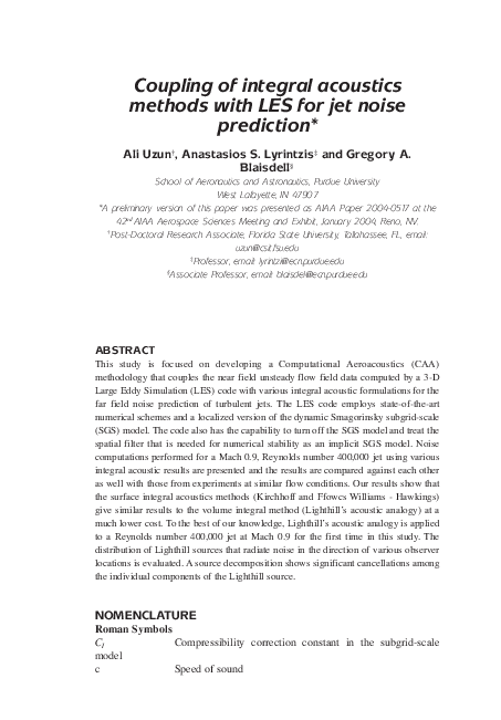 (PDF) Coupling of Integral Acoustics Methods With LES for Jet Noise Prediction