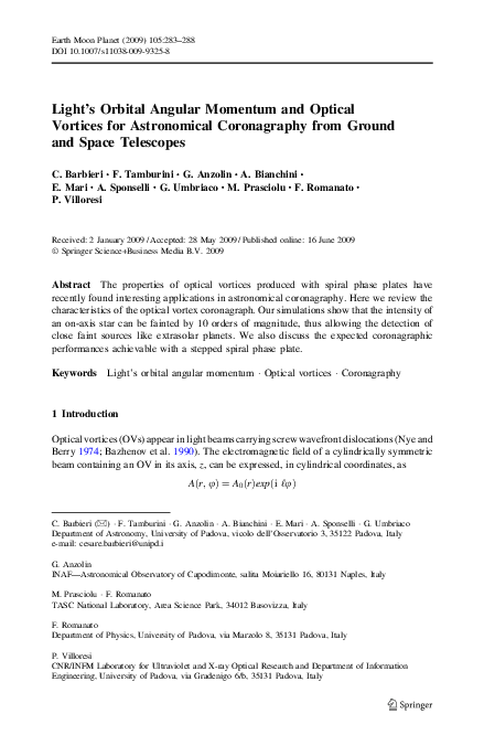 (PDF) Light’s Orbital Angular Momentum and Optical Vortices for Astronomical Coronagraphy from ...