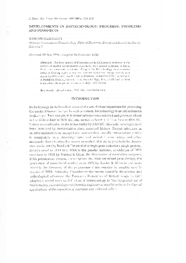 (PDF) Developments in biotechnology: progress, problems and prospects