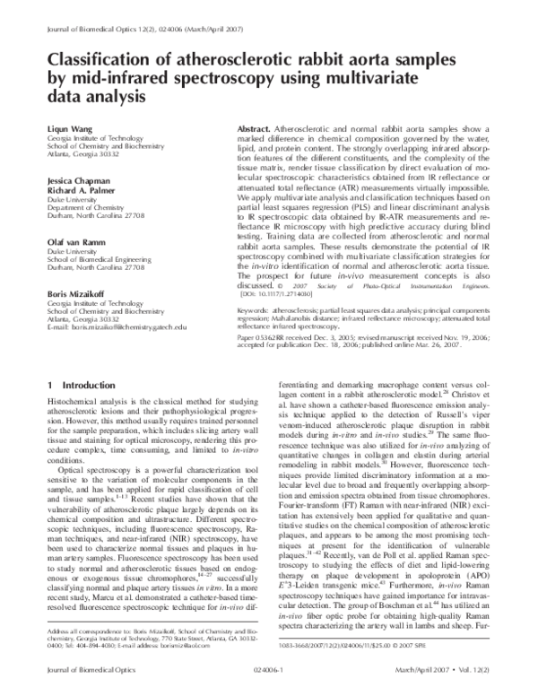 (PDF) Classification of atherosclerotic rabbit aorta samples by mid-infrared spectroscopy using ...