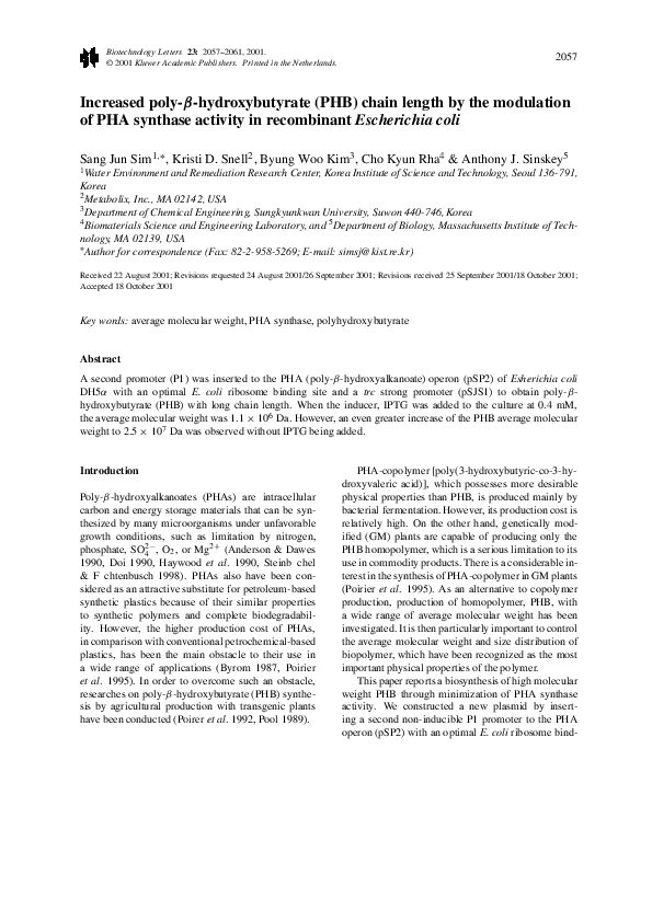 (PDF) Increased poly-β-hydroxybutyrate (PHB) chain length by the ...