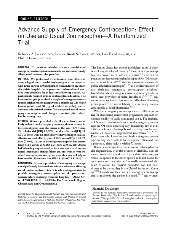 (PDF) Advance supply of emergency contraception