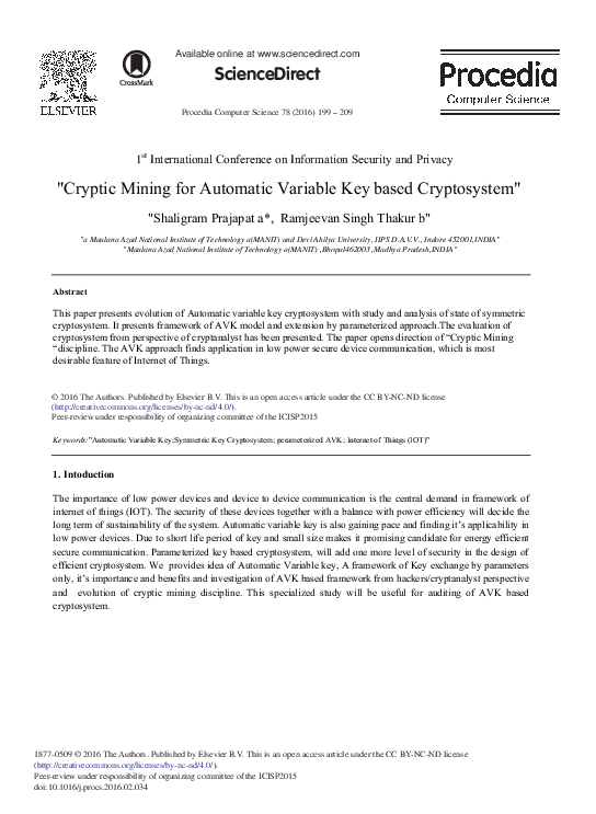 (PDF) Cryptic Mining for Automatic Variable Key Based Cryptosystem