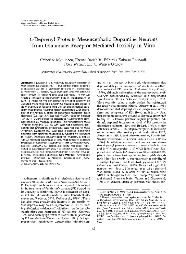 (PDF) l-Deprenyl Protects Mesencephalic Dopamine Neurons from Glutamate ...