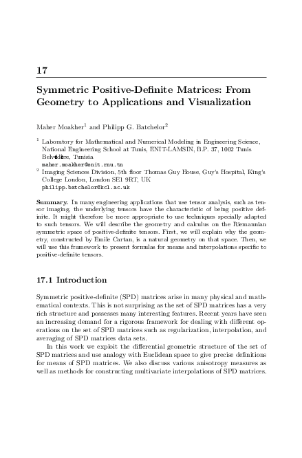 Pdf Symmetric Positive Definite Matrices From Geometry To Applications And Visualization