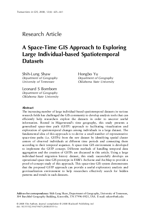 Pdf A Space Time Gis Approach To Exploring Large Individual Based Spatiotemporal Datasets