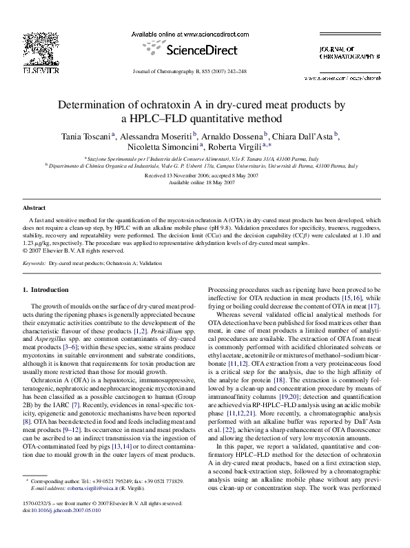 Pdf Determination Of Ochratoxin A In Dry Cured Meat Products By A Hplc Fld Quantitative Method