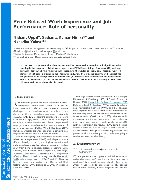 (PDF) Prior Related Work Experience and Job Performance: Role of ...