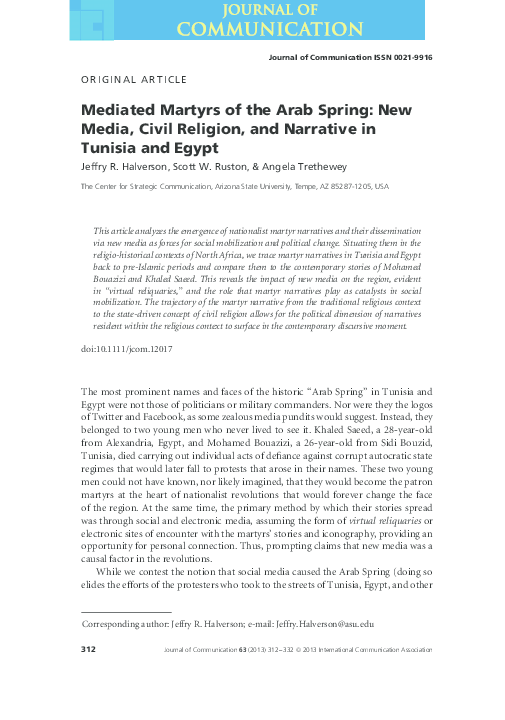 (PDF) Mediated Martyrs of the Arab Spring: New Media, Civil Religion ...