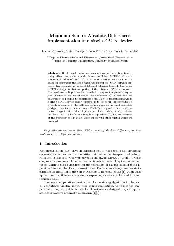 Pdf Minimum Sum Of Absolute Differences Implementation In A Single Fpga Device