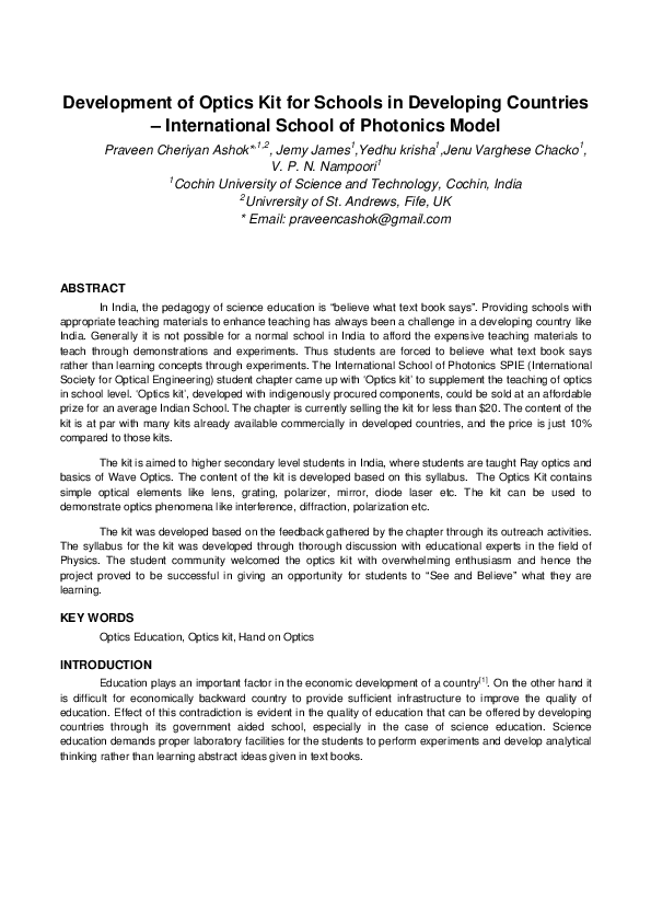 (PDF) Development of Optics Kit for Schools in Developing Countries ...